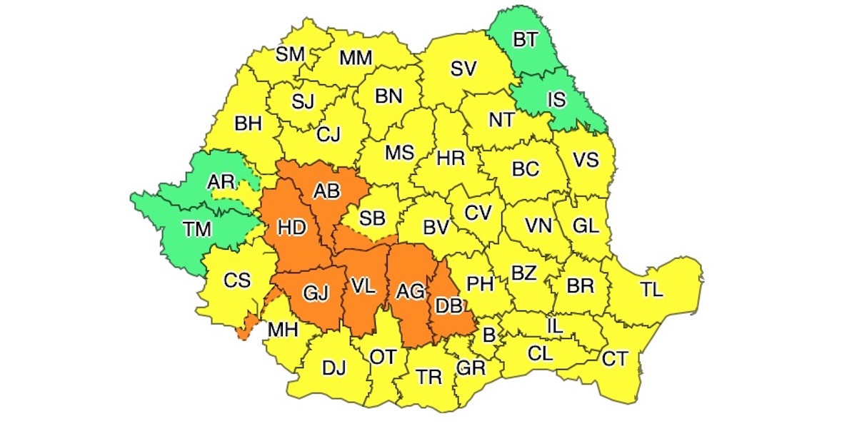Coduri galbene și portocalii de ploi pe aproape tot cuprinsul țării ...